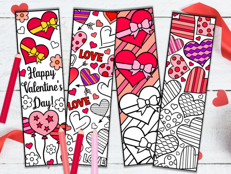 Valentine's Day Coloring Bookmarks Digital Bookmarks to - Etsy