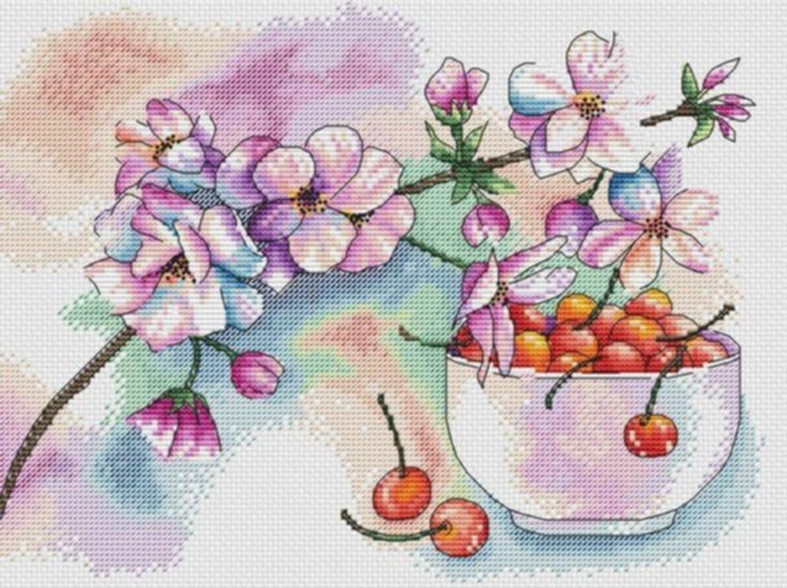 Cherry Cross Stitch Pattern, Flowers Cross Stitch Pattern, Naturmorte ...