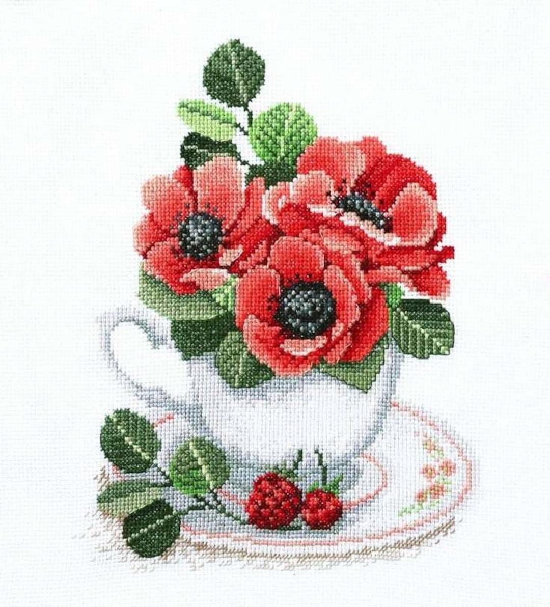 Poppies Cross Stitch Pattern, Red Flowers Cross Stitch, Flowers in Cup ...