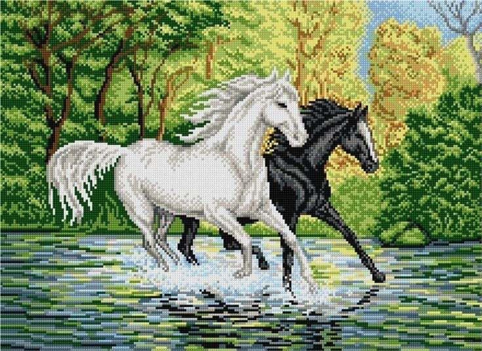 Horses Cross Stitch Pattern, Horses in Nature Cross Stitch, Black and ...