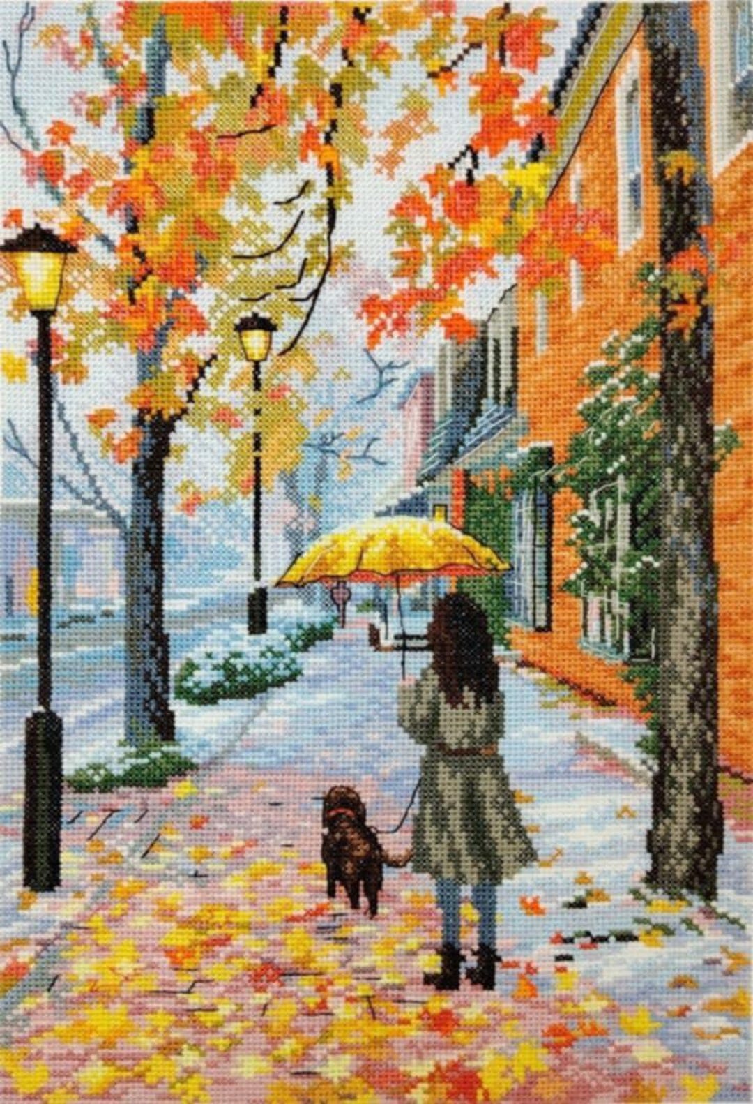 Girl and Dog Cross Stitch Pattern, Autumn Cross Stitch, Autumn Leaves ...