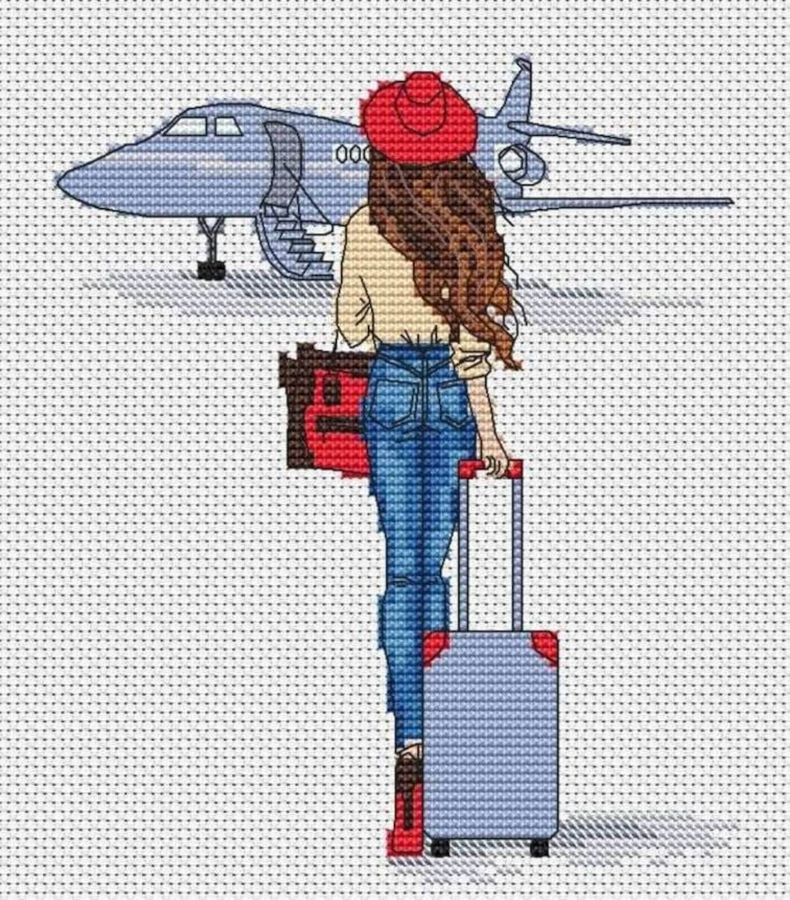 Woman Cross Stitch Pattern, Traveling Woman Cross Stitch, Airplane ...