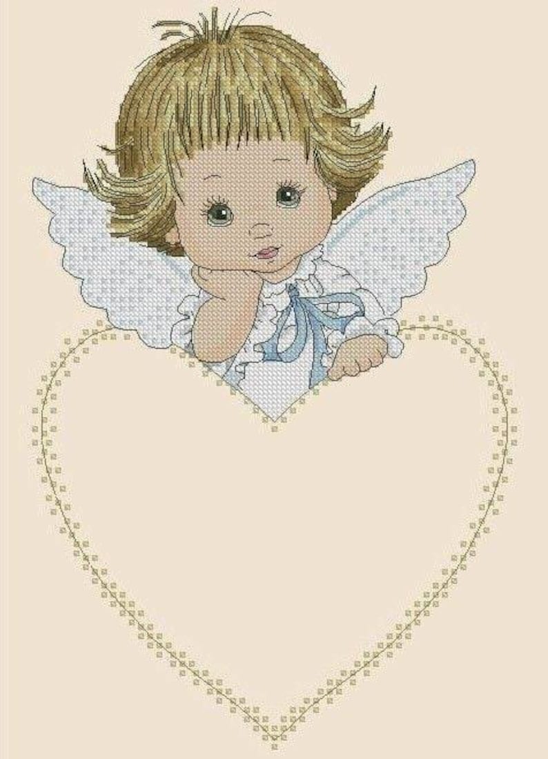 Angel Cross Stitch Pattern, Baby Angel and Heart Cross Stitch Pattern ...