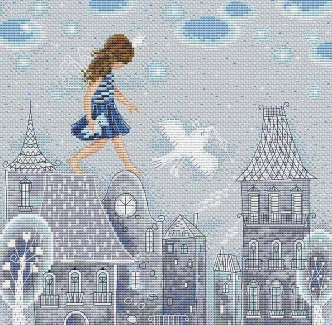 Girl Cross Stitch Pattern, Girl and the Bird Cross Stitch, Girl on Roof ...