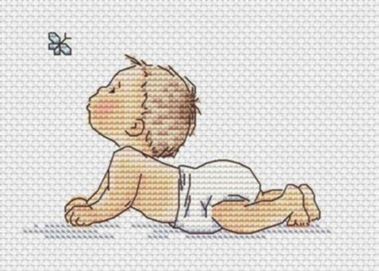 Baby Cross Stitch Pattern, Baby and Butterfly Cross Stitch, Baby Boy ...