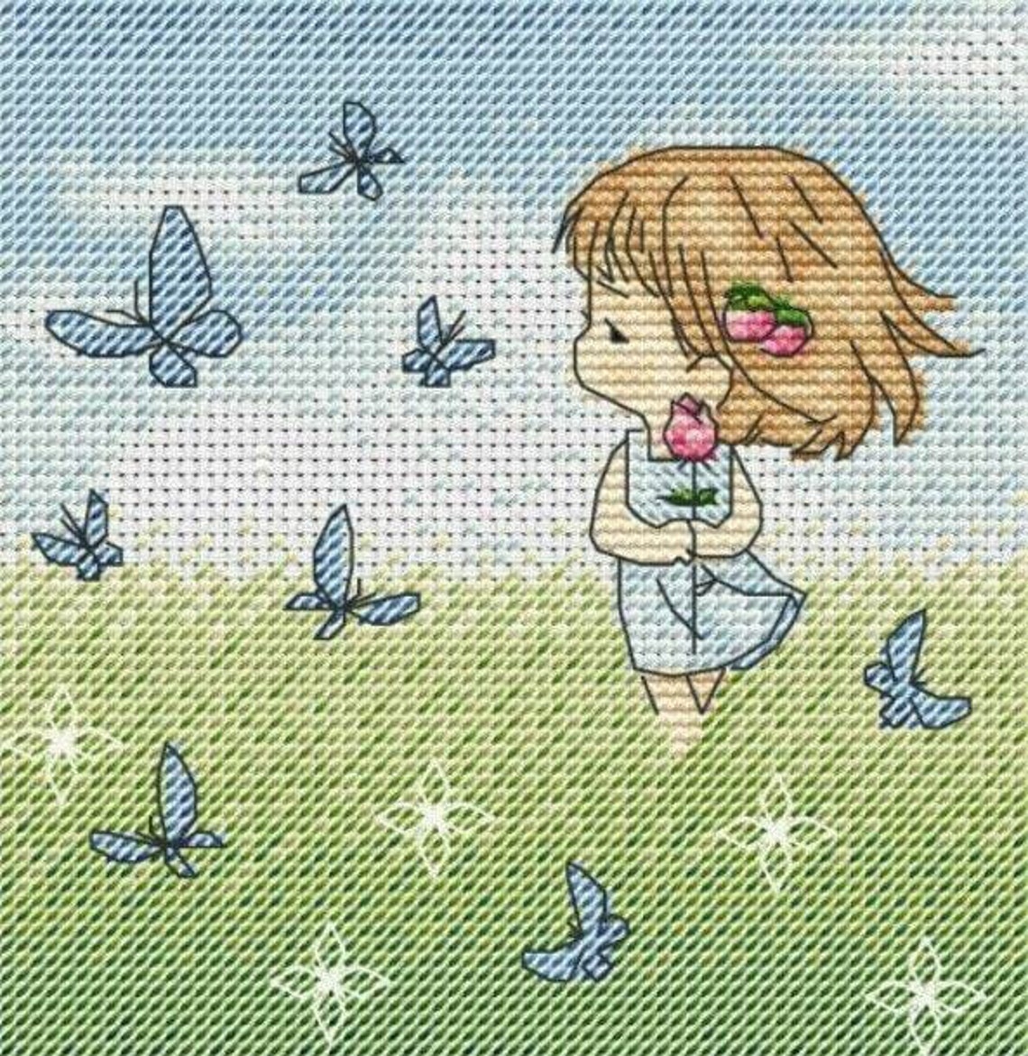 Little Girl Cross Stitch Pattern, Little Girl and Butterflies Cross ...