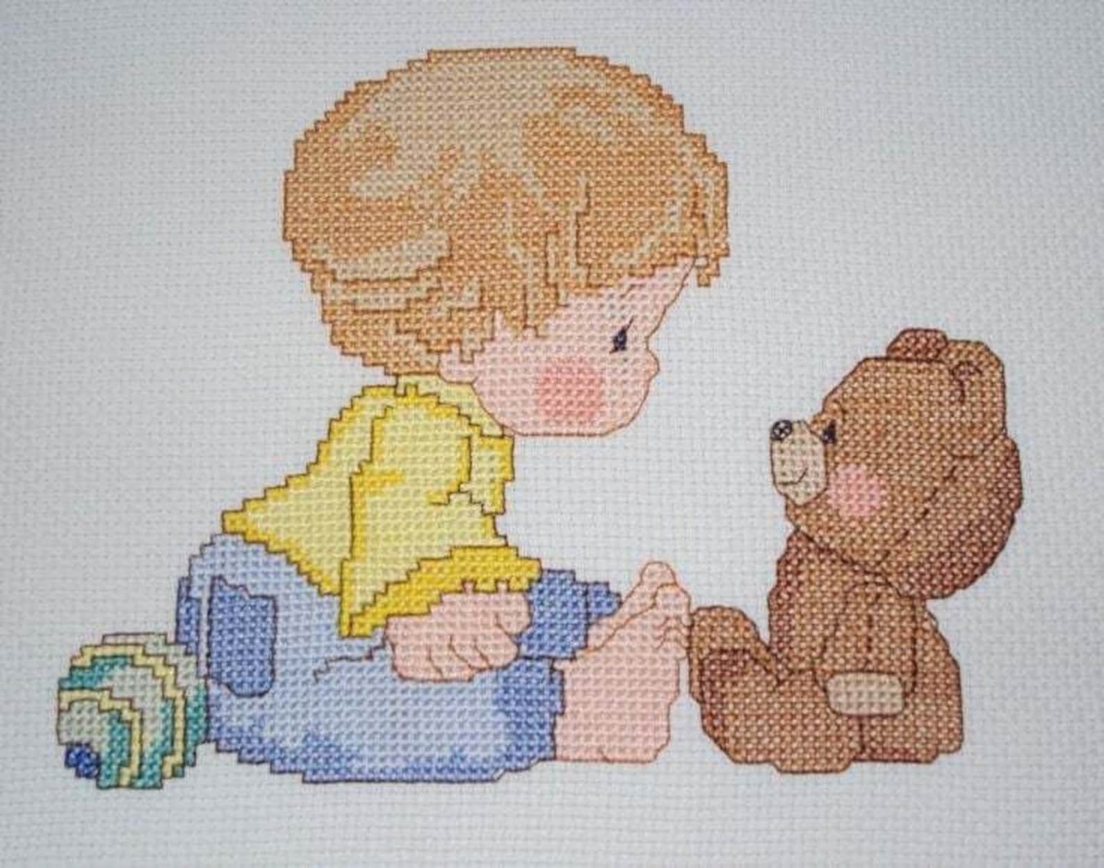 Little Boy and Toy Bear Cross Stitch, Little Boy Playing With Teddy ...