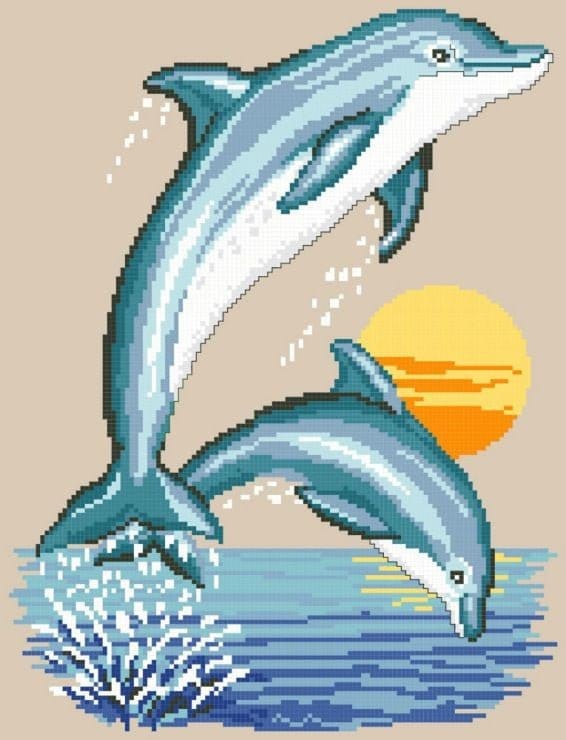 Dolphins Cross Stitch Pattern, Dolphins at the Sea Cross Stitch, Sun ...