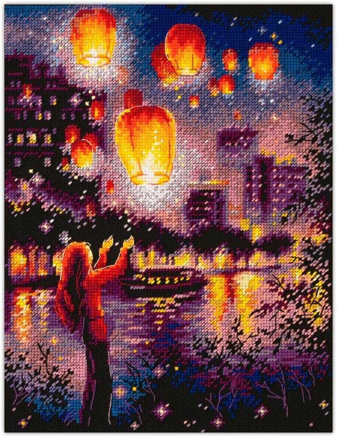 Girl With Kites Cross Stitch Pattern, Night in New York Cross Stitch ...