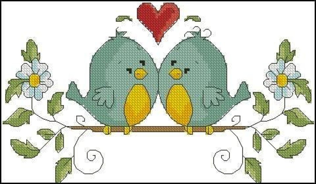 Love Birds Cross Stitch Pattern, Love Cross Stitch, Lover Birds Cross Stitch , Red Heart Cross ...