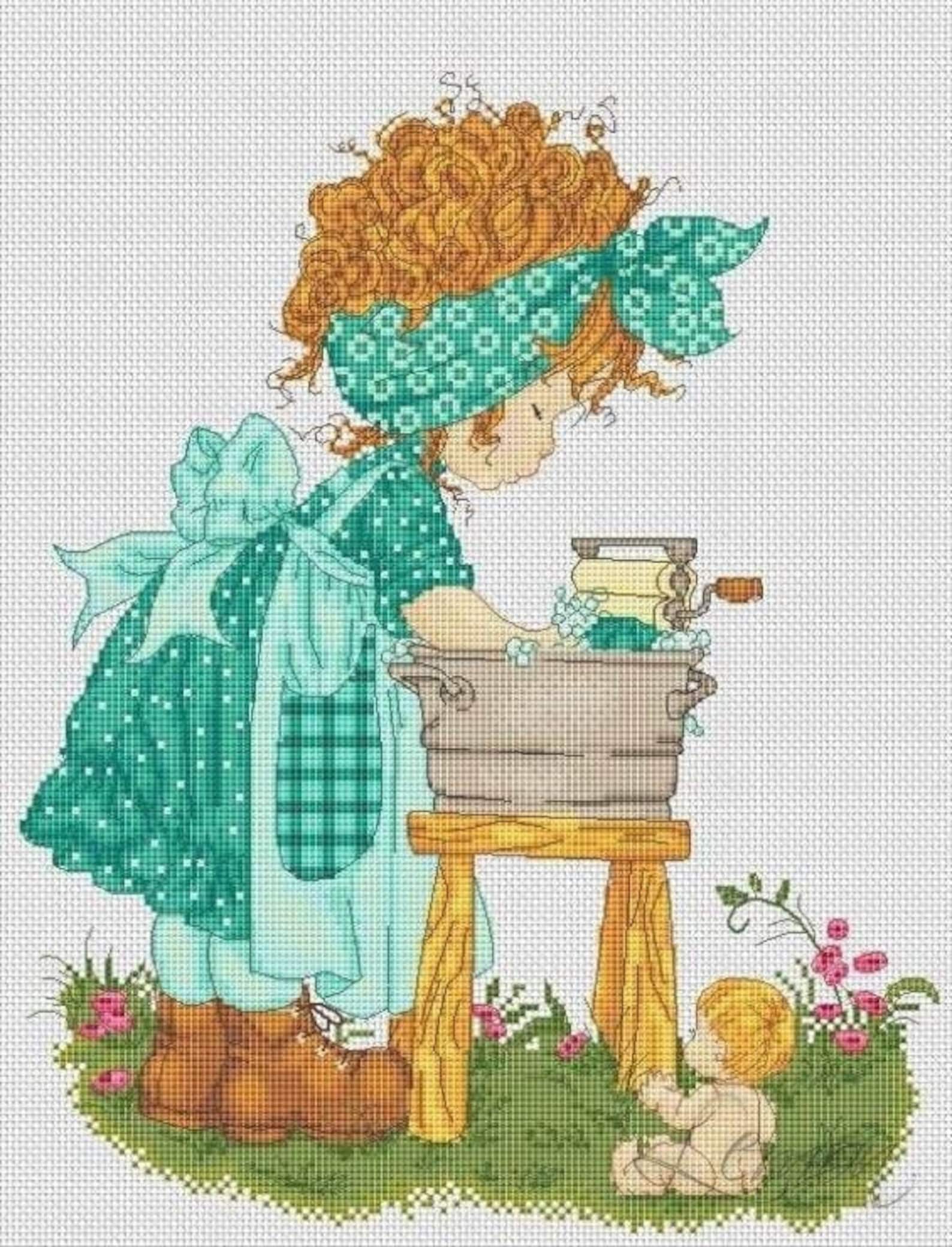Little Girl Cross Stitch Pattern, Little Girl and Flowers Cross Stitch ...