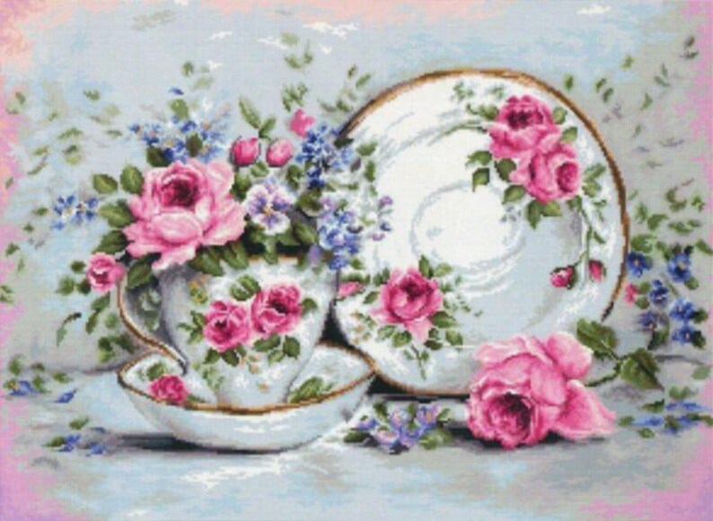 Flowers Cross Stitch Pattern, Floral Dish Cross Stitch, Pink Rose Cross ...