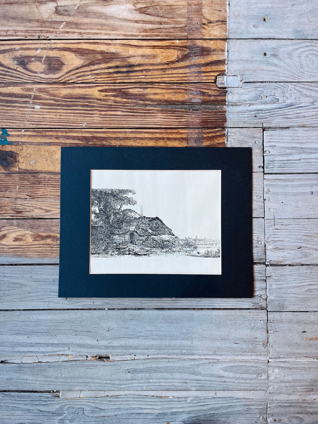 Hand Printed Rembrandt Etching Print Midcentury | Vintage Rembrandt Etching Print | Cottage With ...