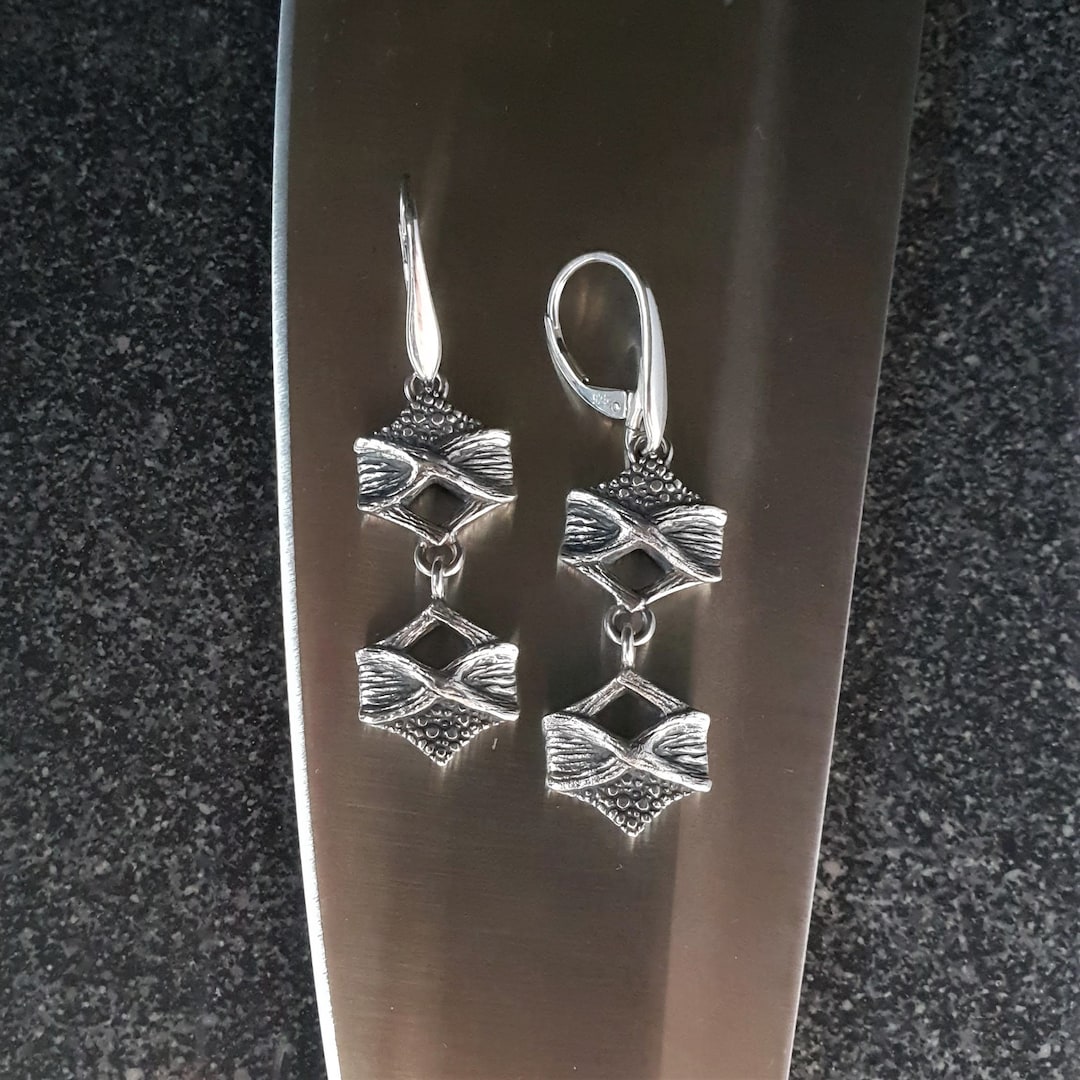 Sterling Silver Katana Hilt Drop Earrings, Textured Dangle Earrings ...