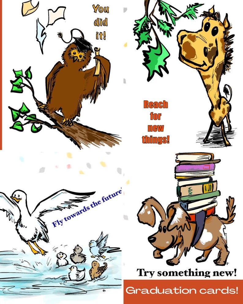 Graduation Day Cards Collection, 4.25x5.5”, Bundle of 4, Hand Drawn ...