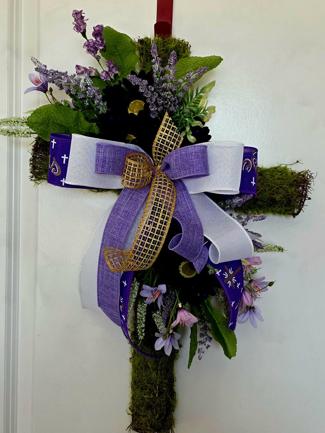 Purple Floral Moss Cross Door Hanger | Christian Easter Decor | Lent ...