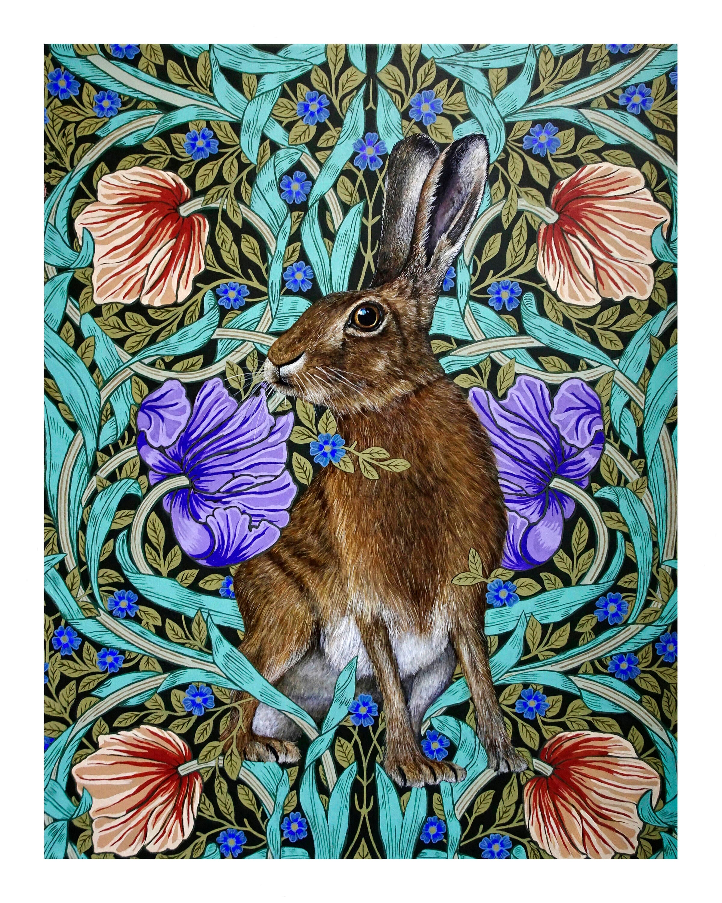 Animal Art Print, Hare on William Morris Inspired Background - Etsy