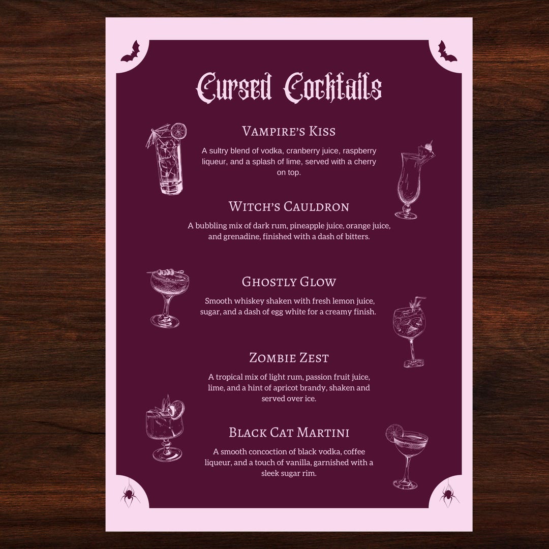 Cursed Cocktails Halloween Drink Menu Template Spooky Printable Bar ...