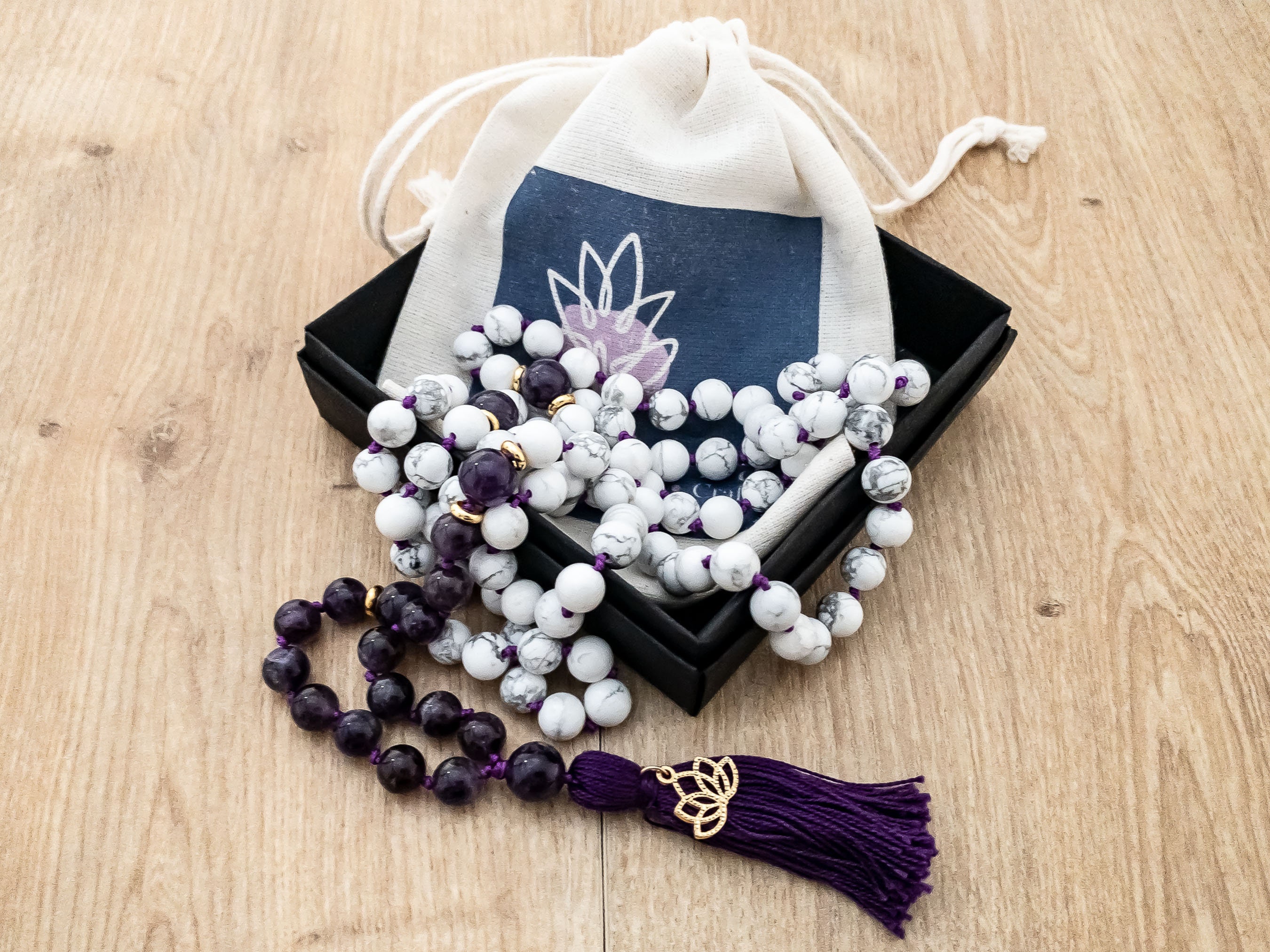 Meditate for Divine Connection With Howlite & Amethyst Gemstones, 108 ...