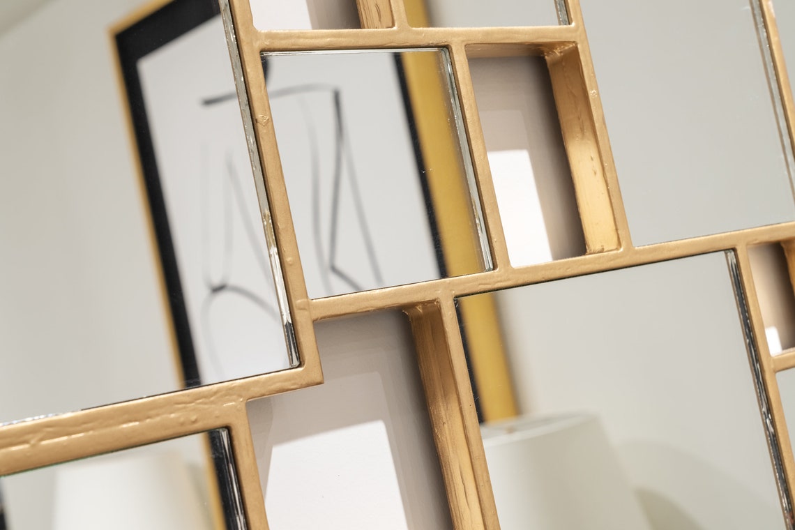 Rectangular Gold Mirror, Gold Mirror, Designer Puzzle Mirror, Wall ...