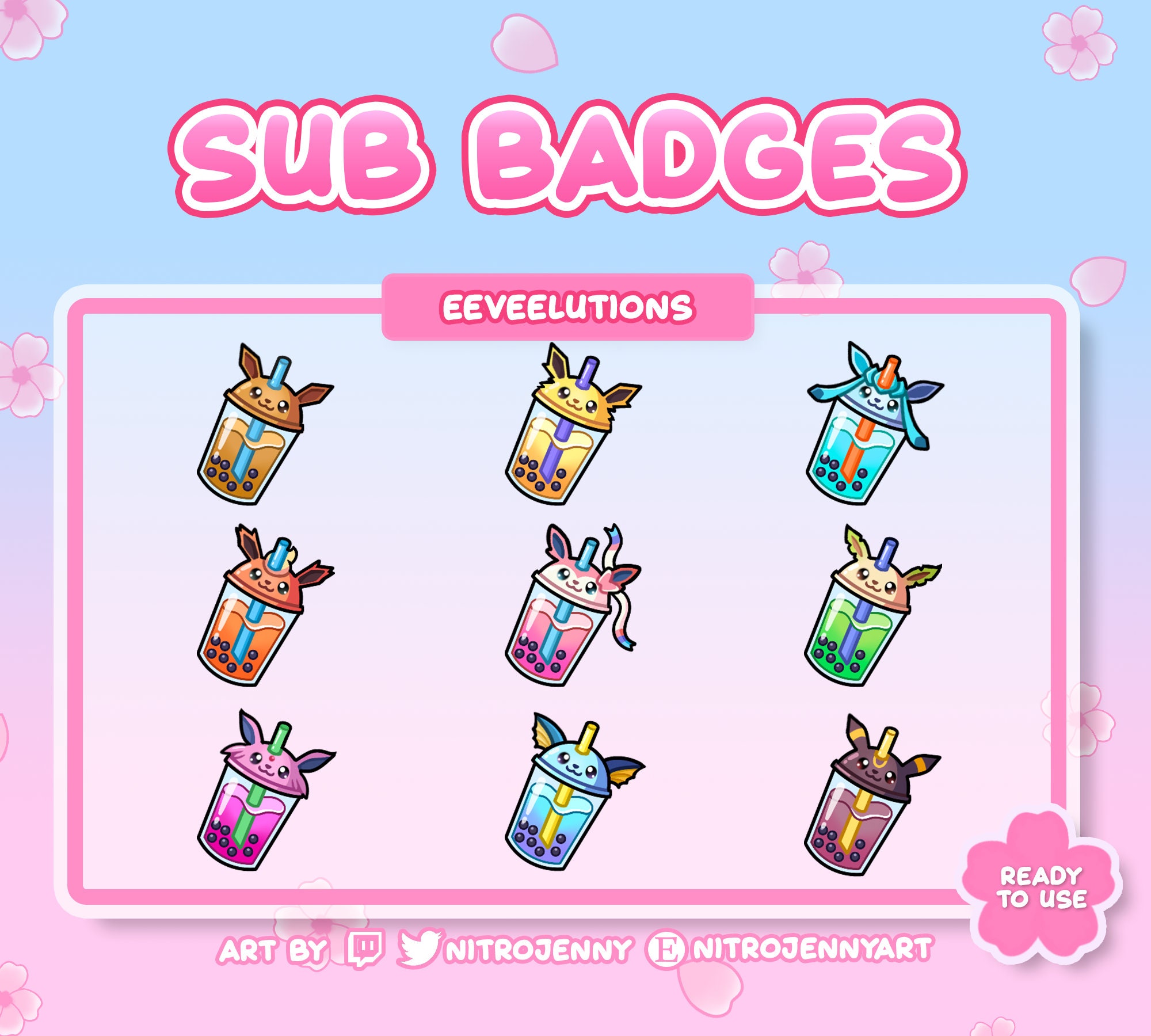 Kawaii Eevee Evolutions Boba Sub Badges for Twitch | Bubble Tea ...