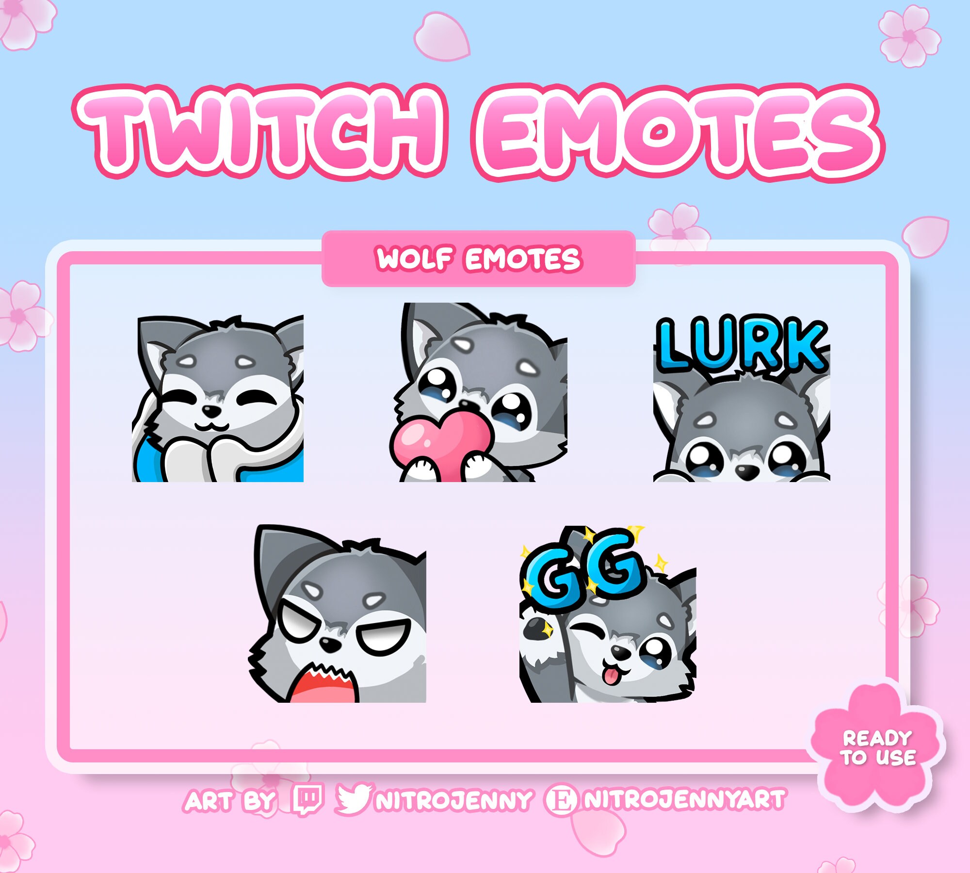 Cute Wolf Emotes for Twitch, Discord and Youtube | Kawaii | Digital ...