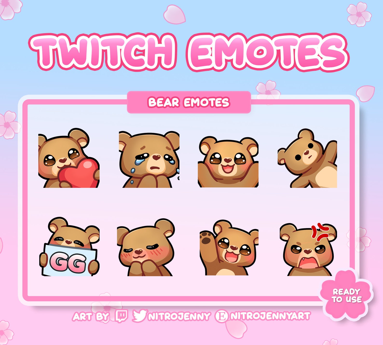 Set Of 8 Cute Bear Emotes For Twitch Discord And Youtube Kawaii Stream