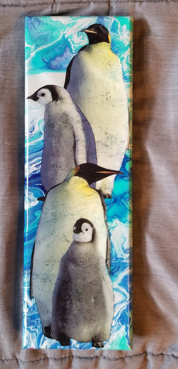 March Of The Penguins Acrylic Pour Fluid Art Collage Painting | Etsy