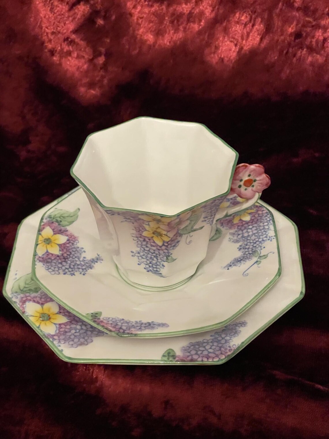 Melba Bone China FLOWER HANDLE "lilac Time" Trio. Art Deco .1930's ...