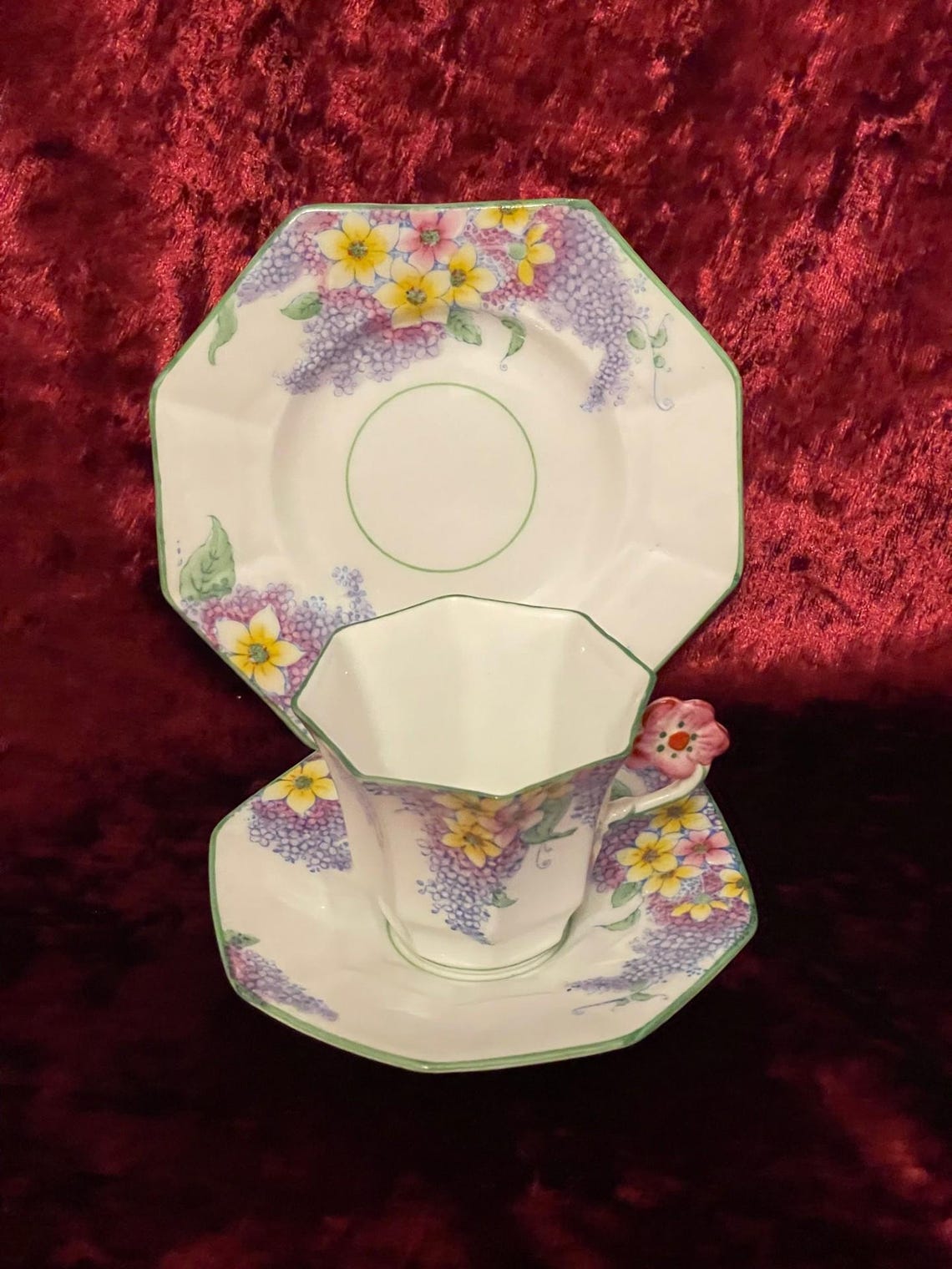 Melba Bone China FLOWER HANDLE "lilac Time" Trio. Art Deco .1930's ...