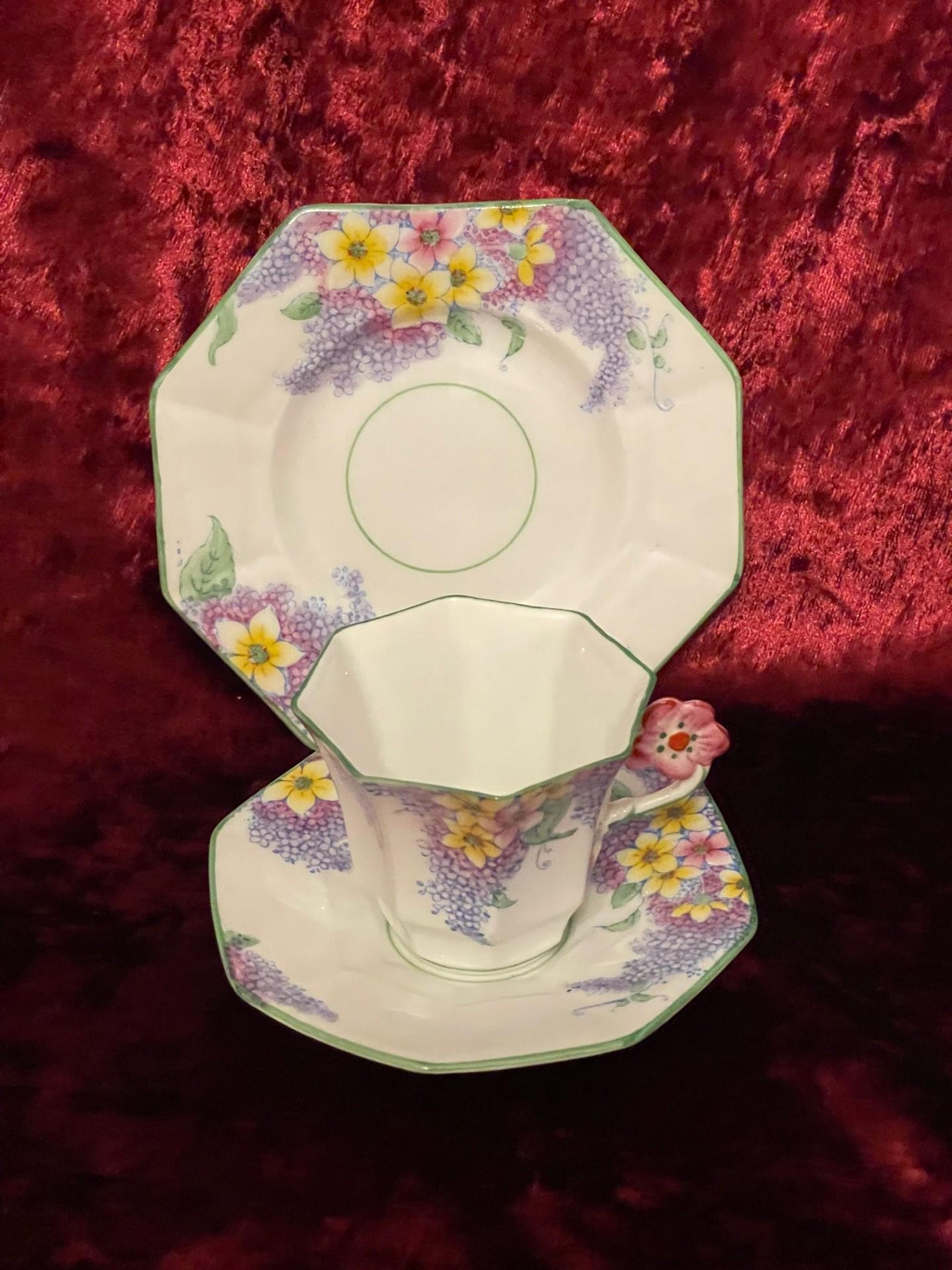Melba Bone China FLOWER HANDLE "lilac Time" Trio. Art Deco .1930's ...