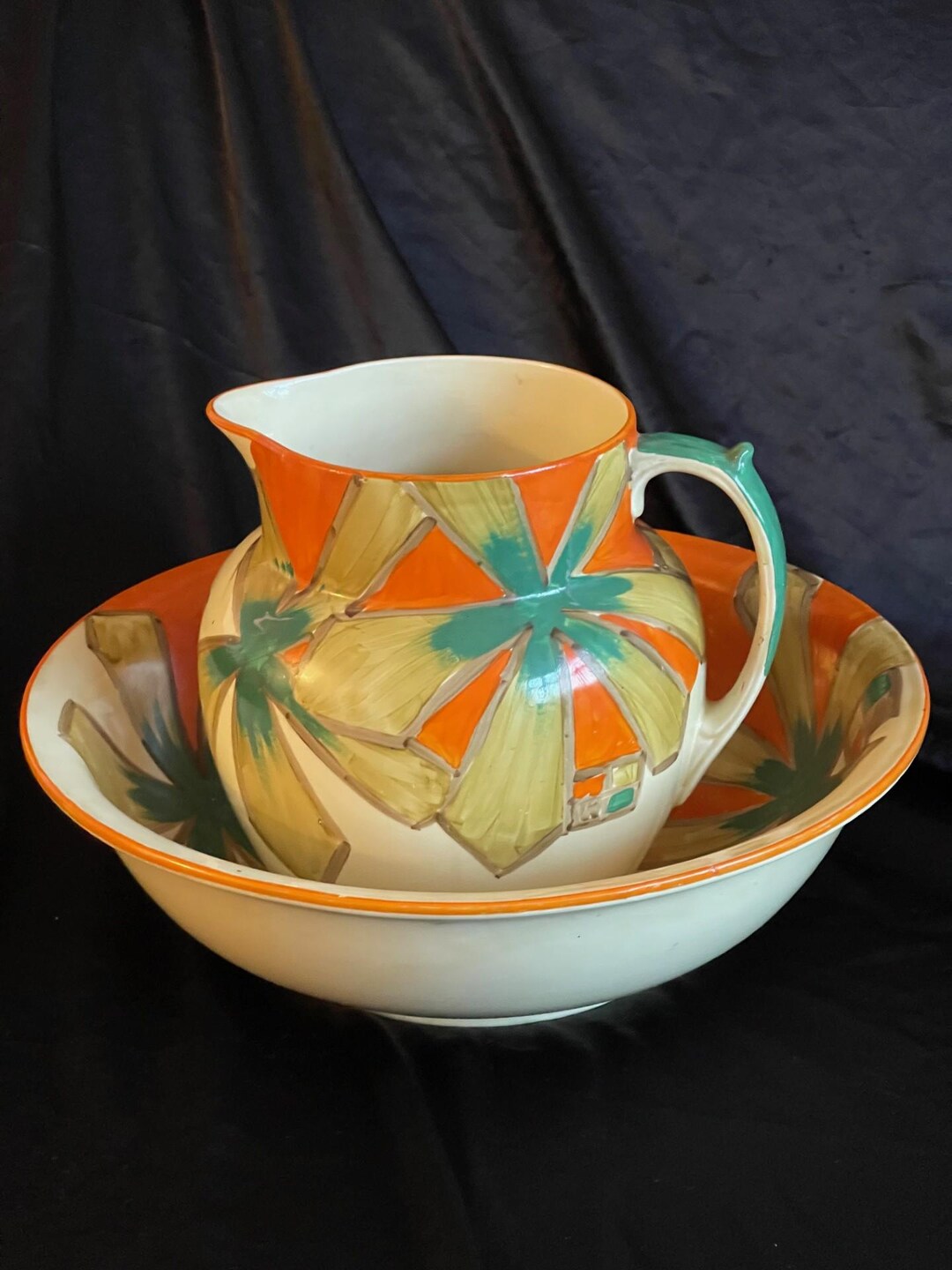 Clarice Cliff Style MYOTT Large Jug and Bowl Bathroom Set. Art Deco ...