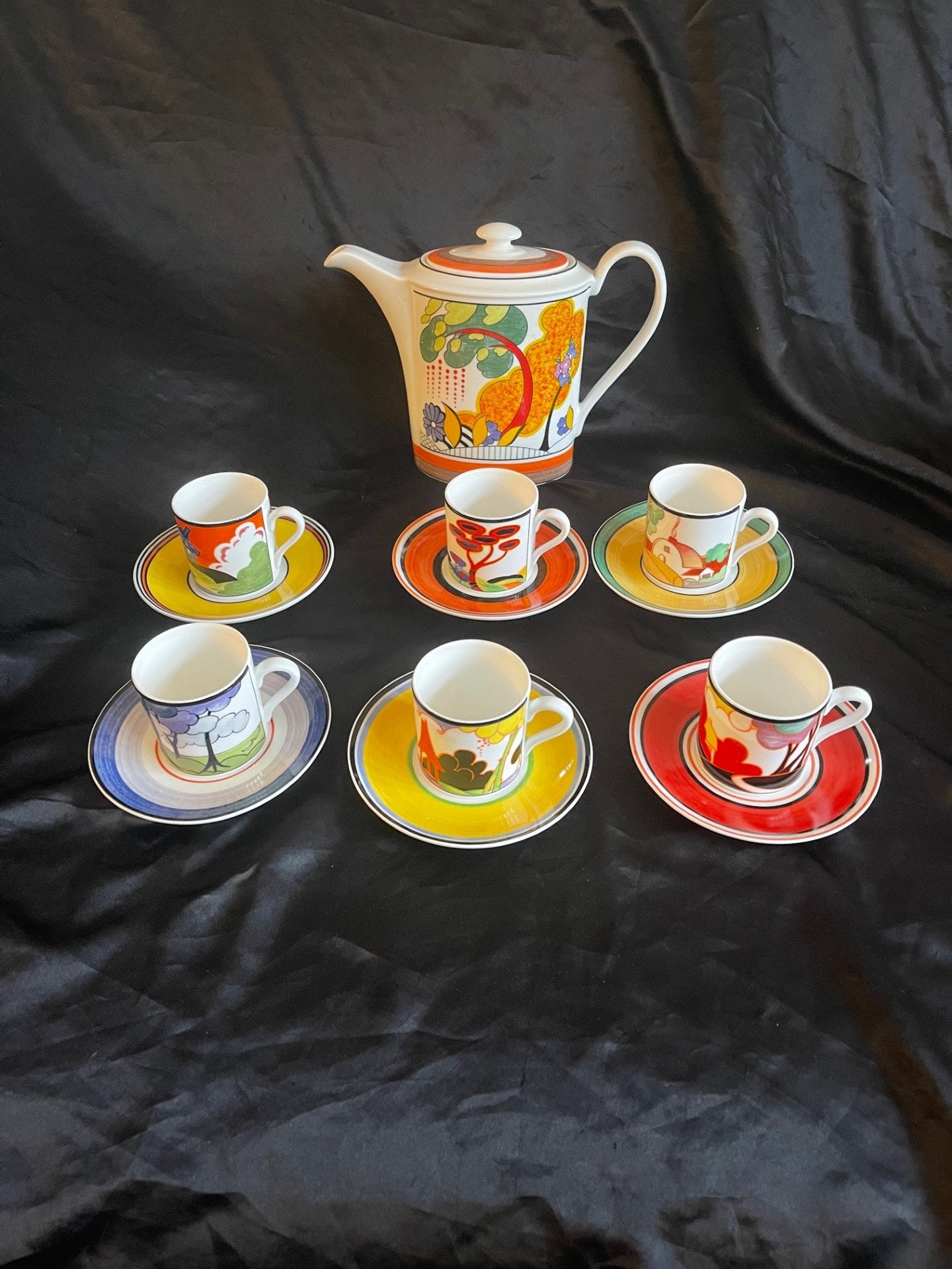 Clarice Cliff Coffee Set With "cornwall" Coffee Pot and Demitasses ...