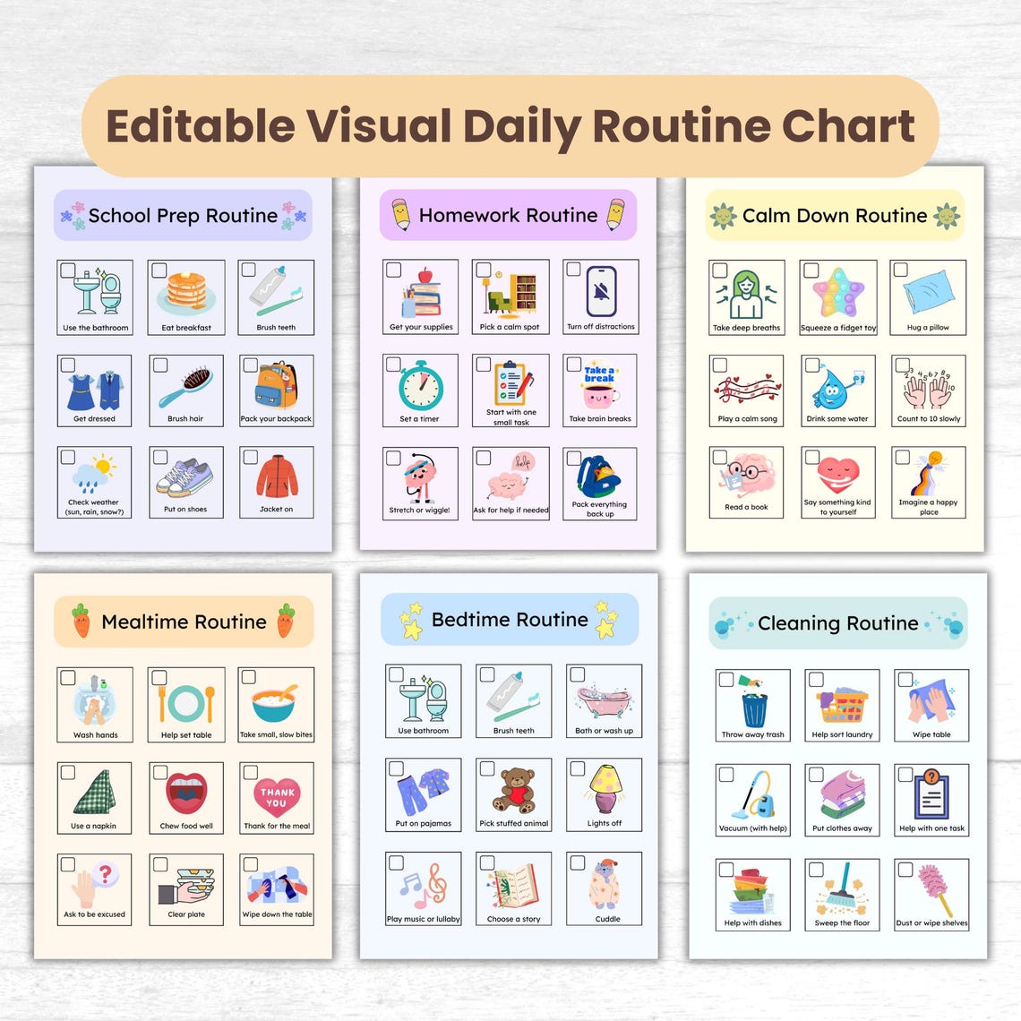 6 Visual Routine Chart for Kids: Editable Daily Task Schedule ...