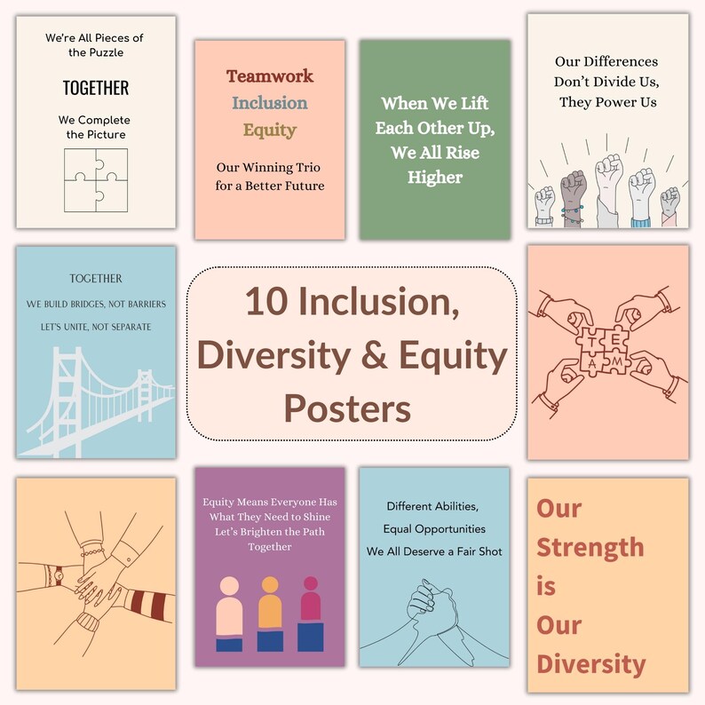 Set of 10 Inclusion, Diversity, Equity, Teamwork, and Belonging Posters ...