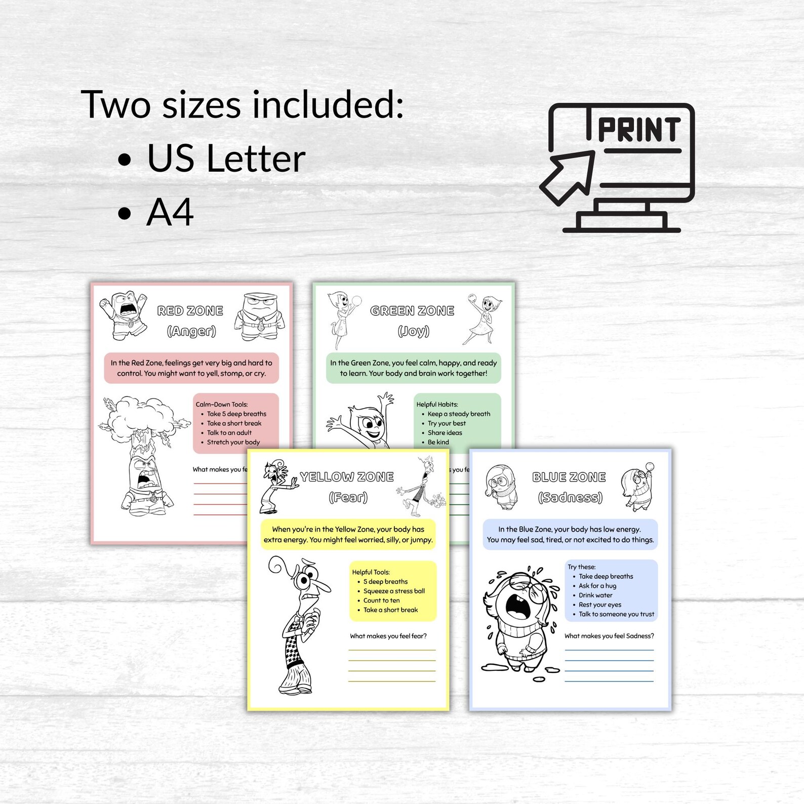 Zones of Regulation Worksheet | Calm Down Tools | Inside Out Inspired ...
