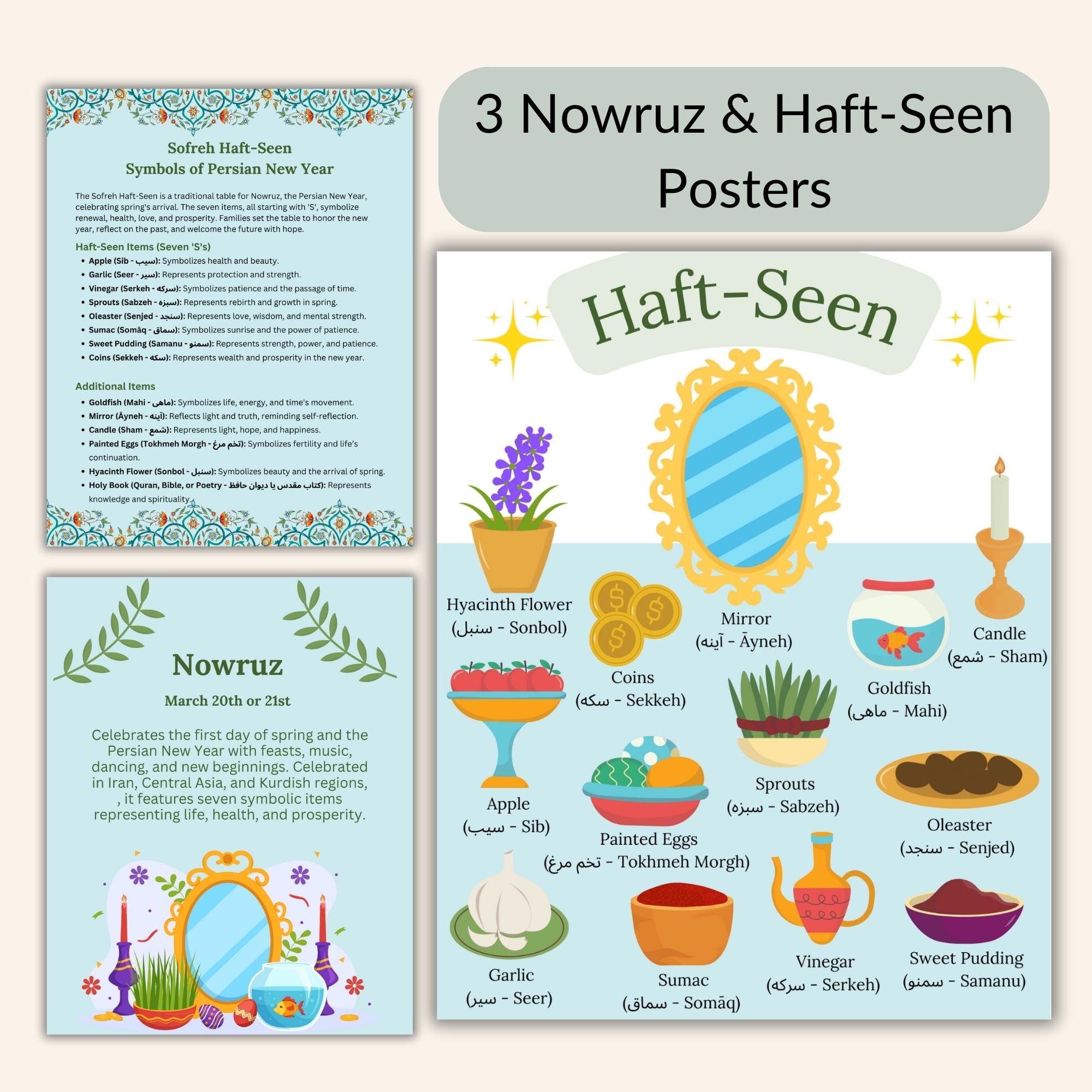 3 Nowruz Haft-seen Symbols Educational Posters Set, Persian New Year ...