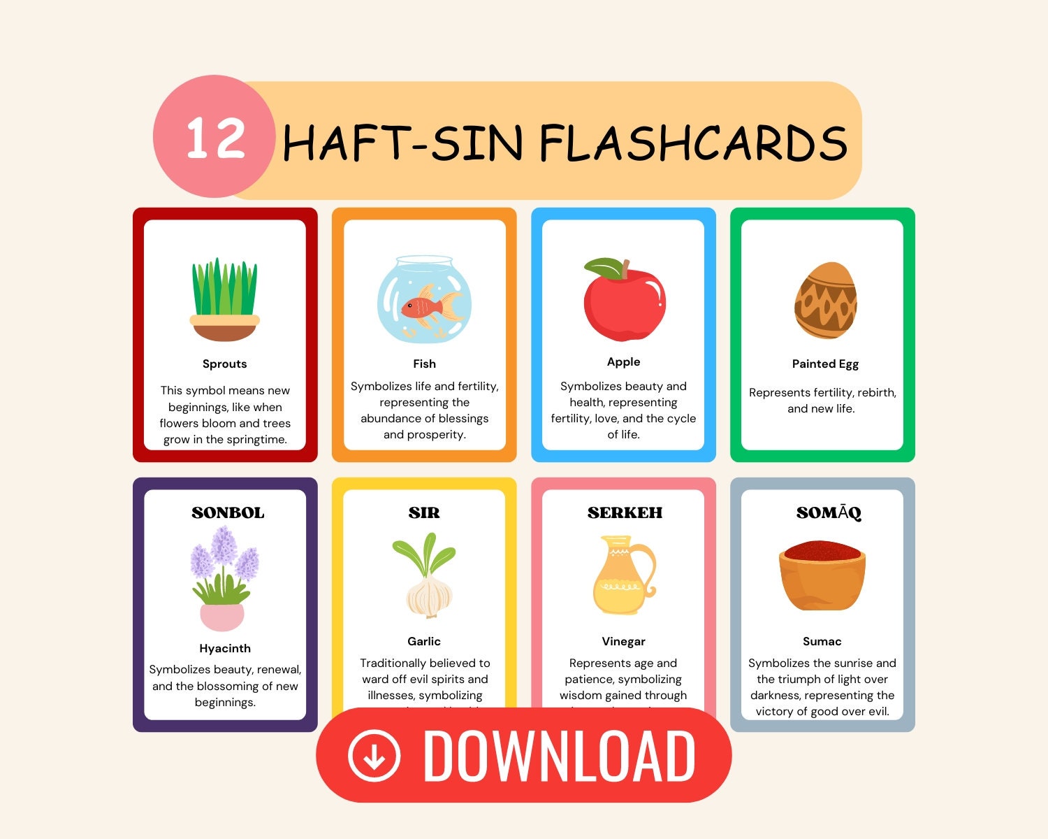 12 Nowruz Flashcards, Educational Printable Kids Set | Persian Haft-sin ...