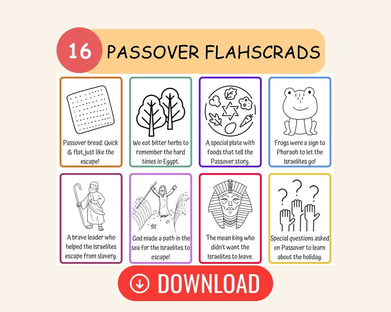Passover Flashcards for Kids Matzah, Seder, Moses, Maror, Plagues ...