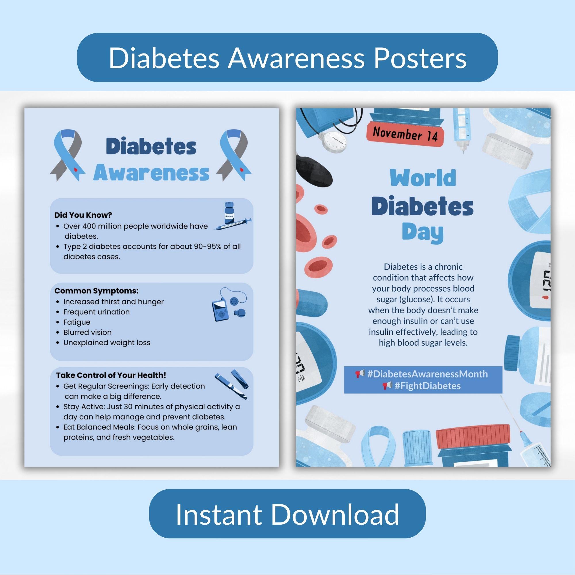 Two Diabetes Awareness Month, World Diabetes Day Printable Posters ...