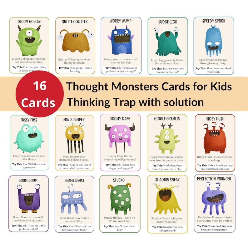 Printable Thought Monster Cards: CBT Coping Strategies for Kids ...