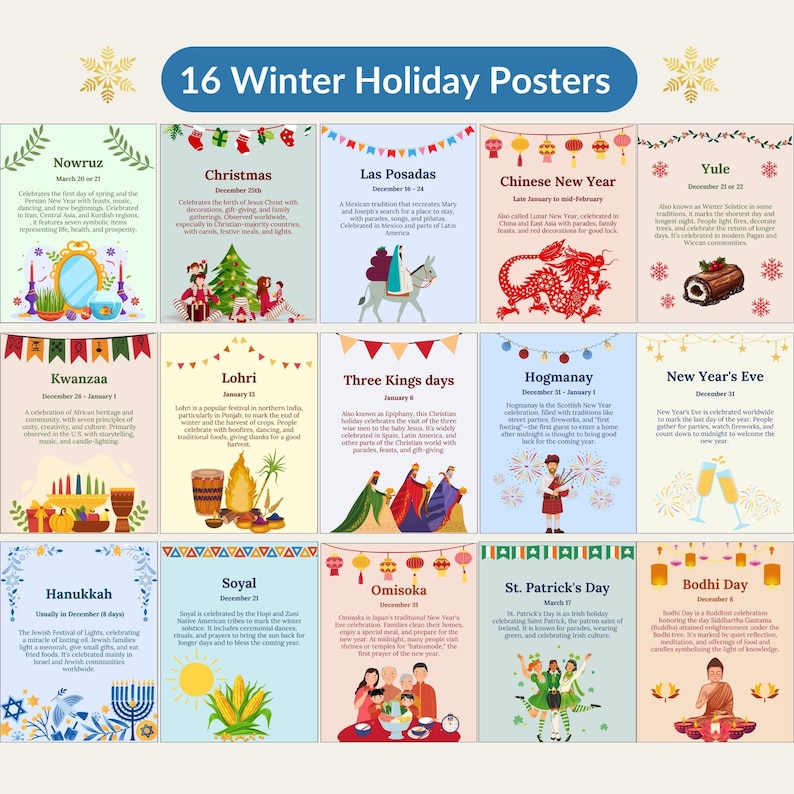 16 Winter Holidays Around the World, Digital Posters Set Christmas ...