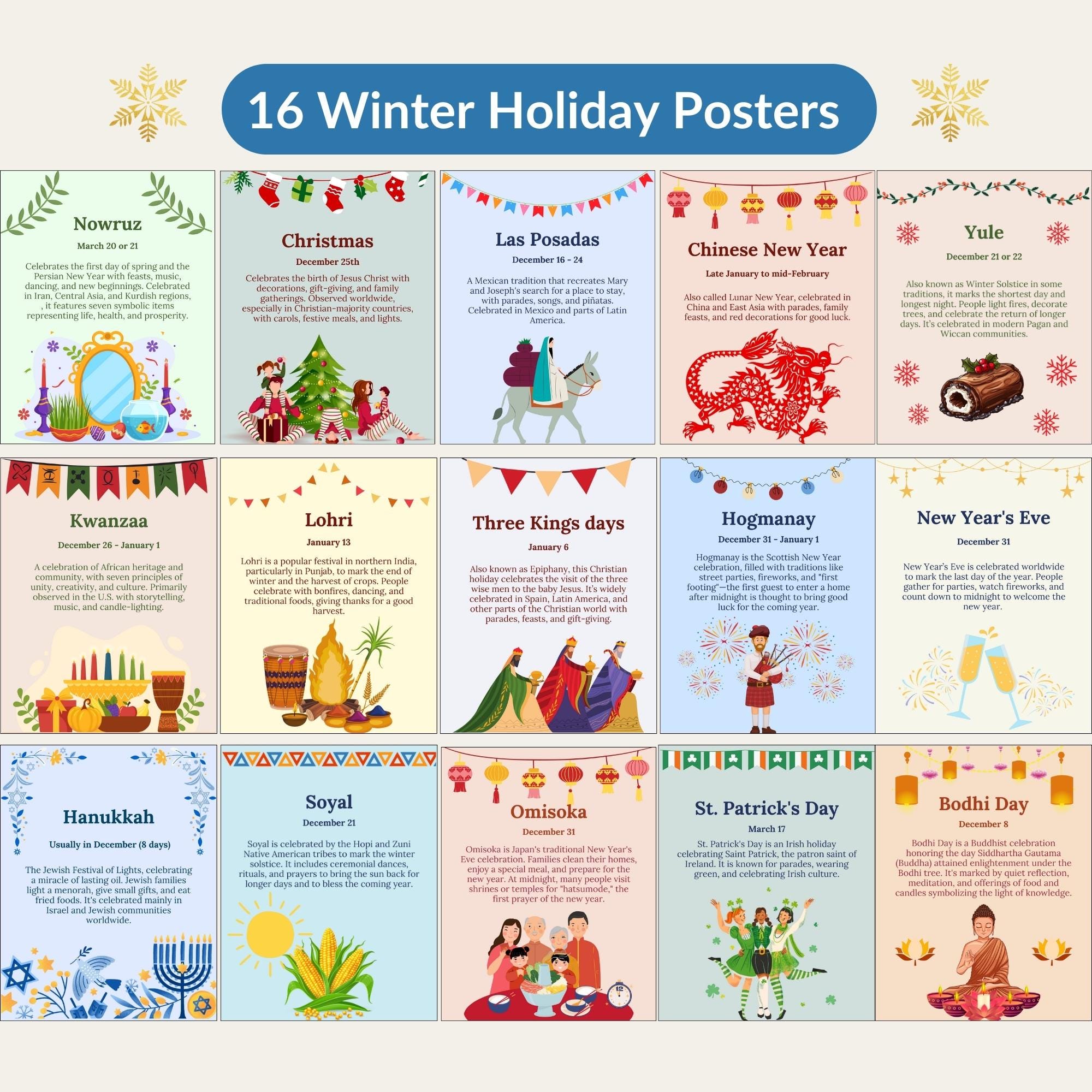 16 Winter Holidays Around the World, Digital Posters Set Christmas ...