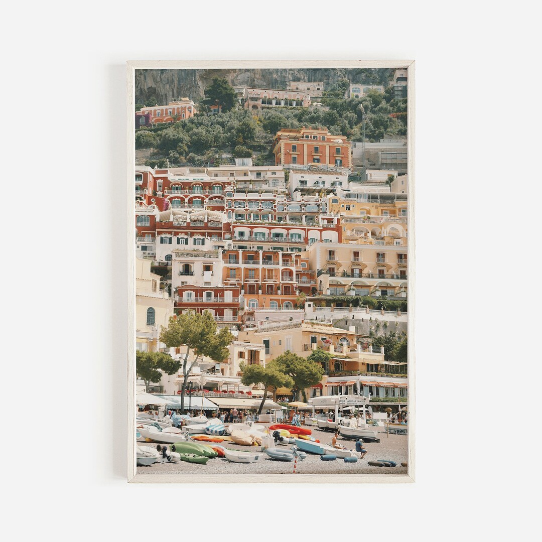 Positano Beach Poster, Italy Wall Art, Cliffside Architecture, Colorful ...