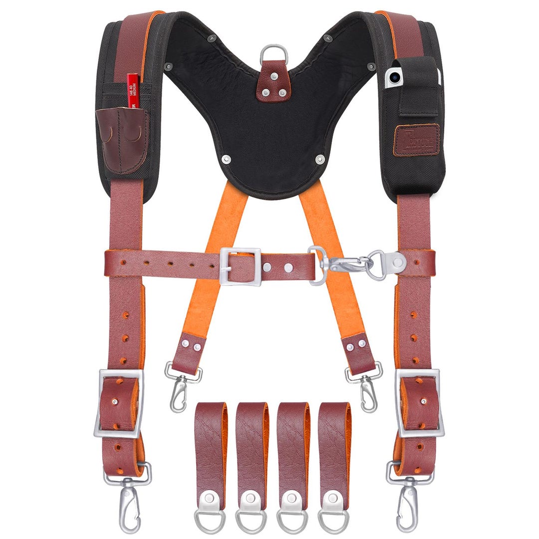Maroon Leather Tool Belt Suspenders | Padded Work Suspenders With Cell ...