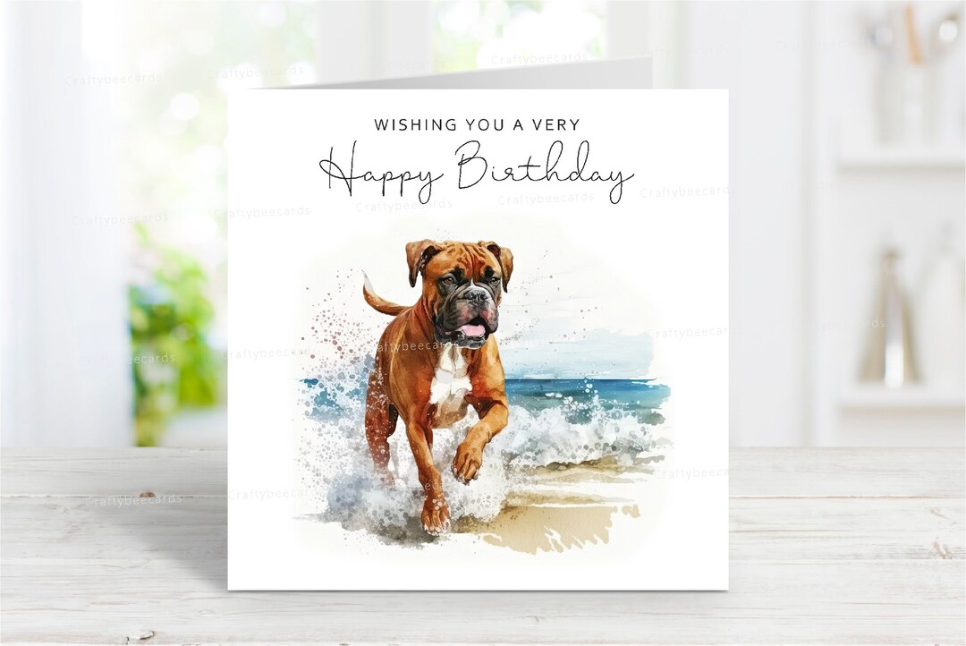 Boxer Dog Birthday Card, Fun Greetings Card, Lovely Beach Scene, 6 X 6 ...