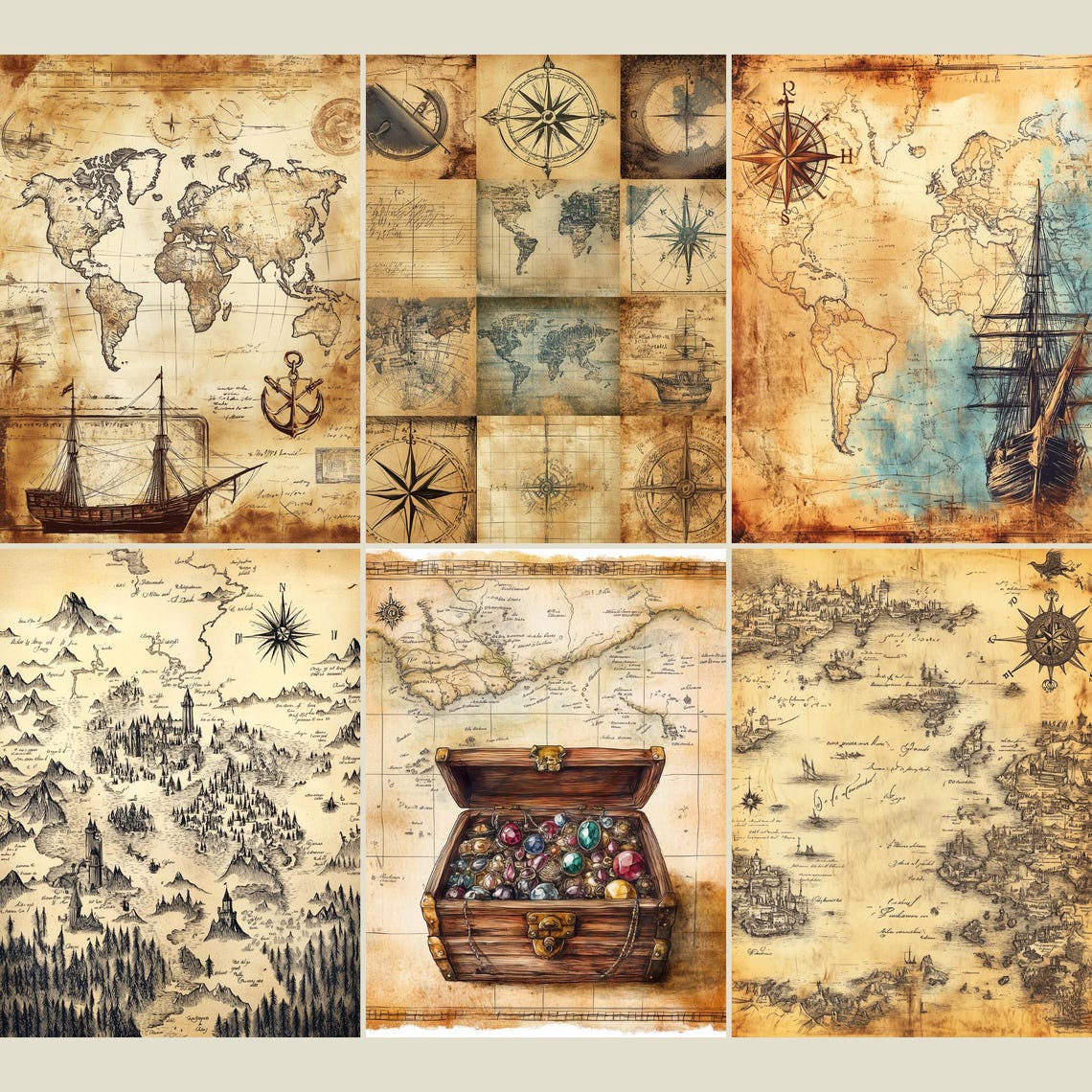 Vintage Maps Paper Pack, Set of 18 Printable Junk Journal Pages ...