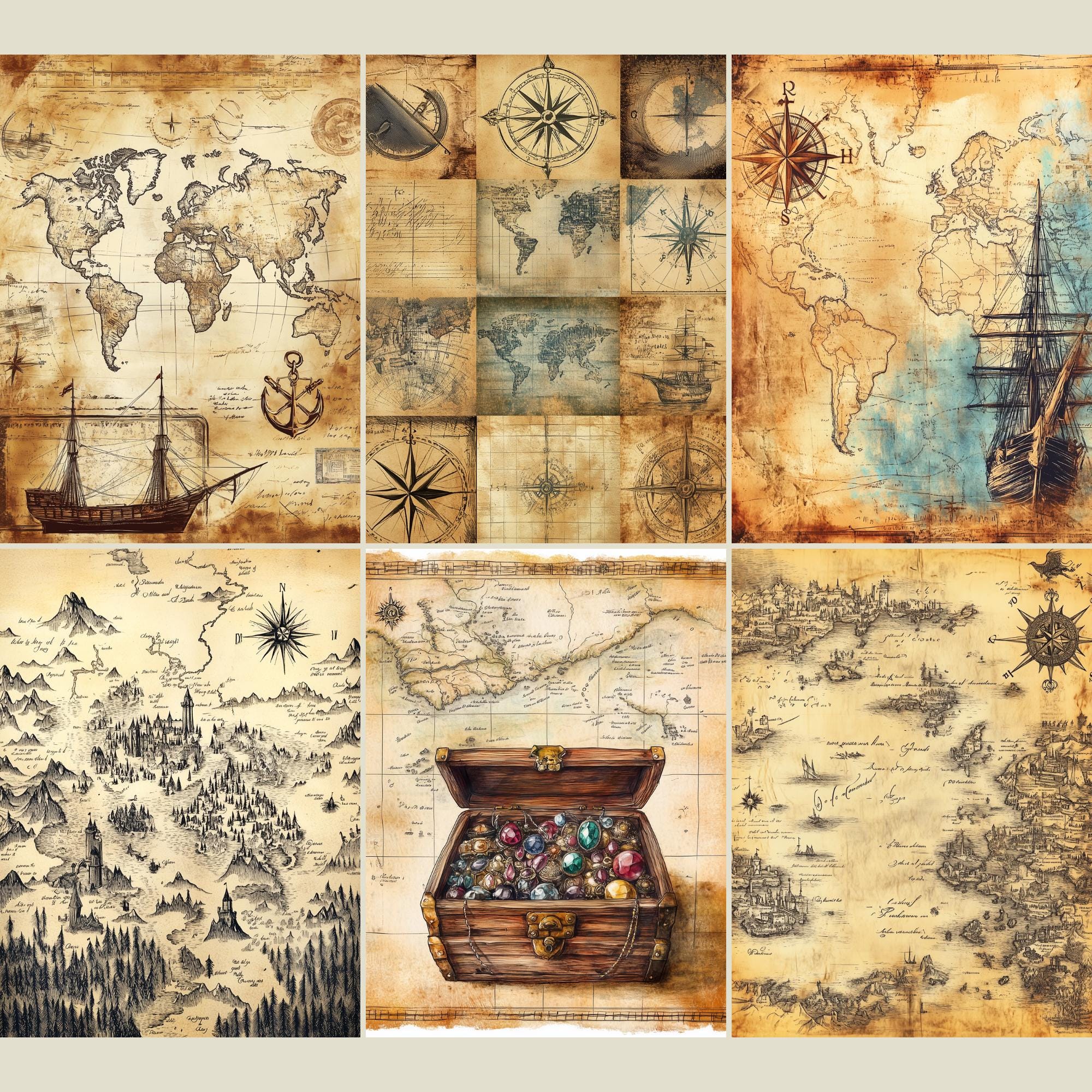 Vintage Maps Paper Pack, Set of 18 Printable Junk Journal Pages ...