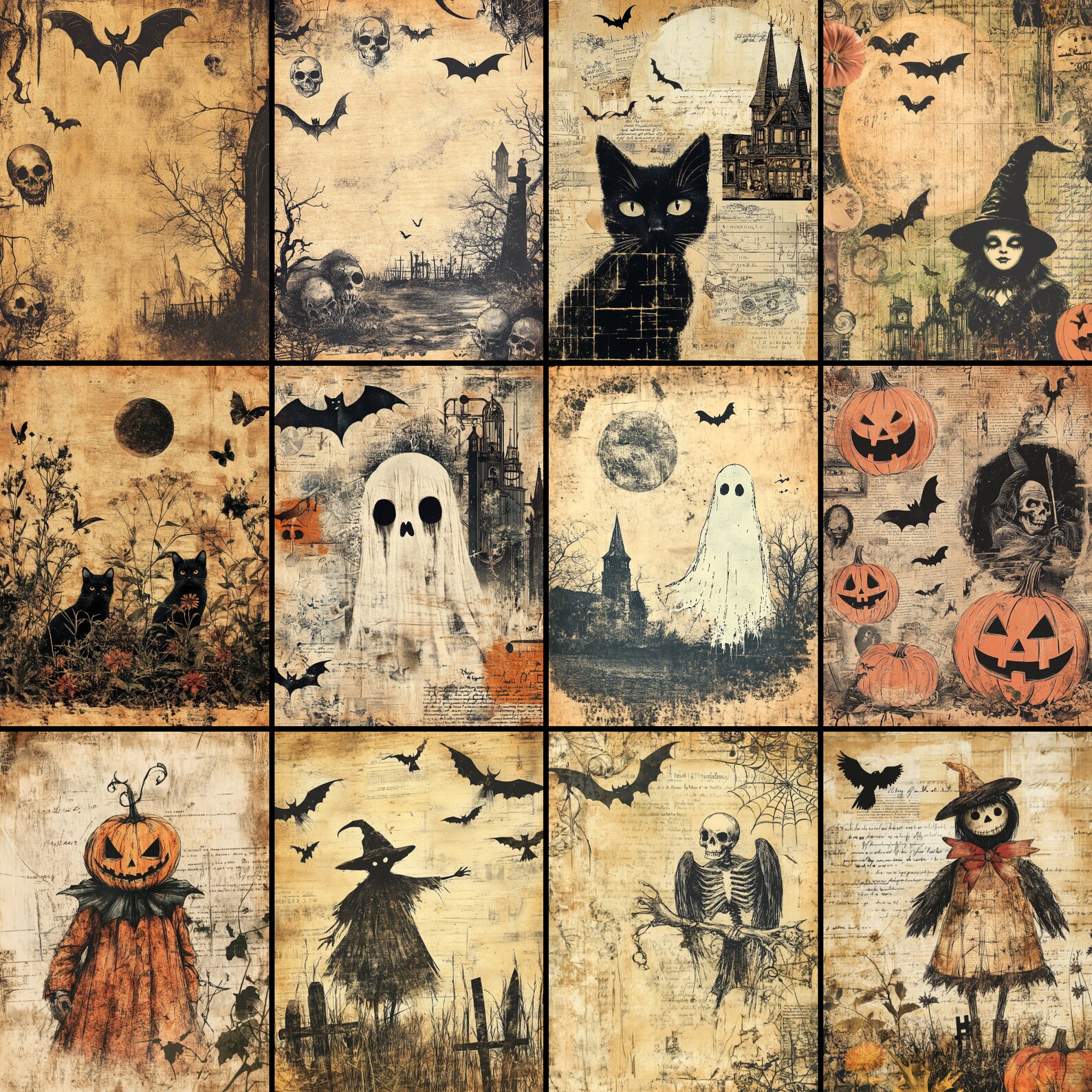 Halloween Paper Pack, Set of 12 Printable Stationery Sheets, Vintage ...