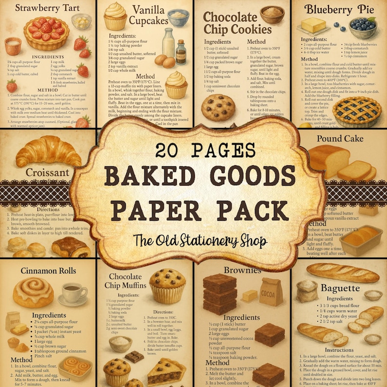 Baked Goods Recipe Paper Pack, Vintage Baking Junk Journal Pages, Food ...